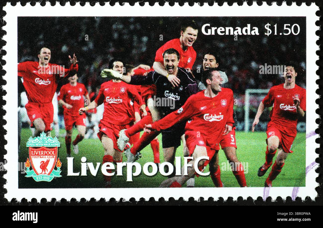 Liverpool football players celebrating the victory on postage stamp ...