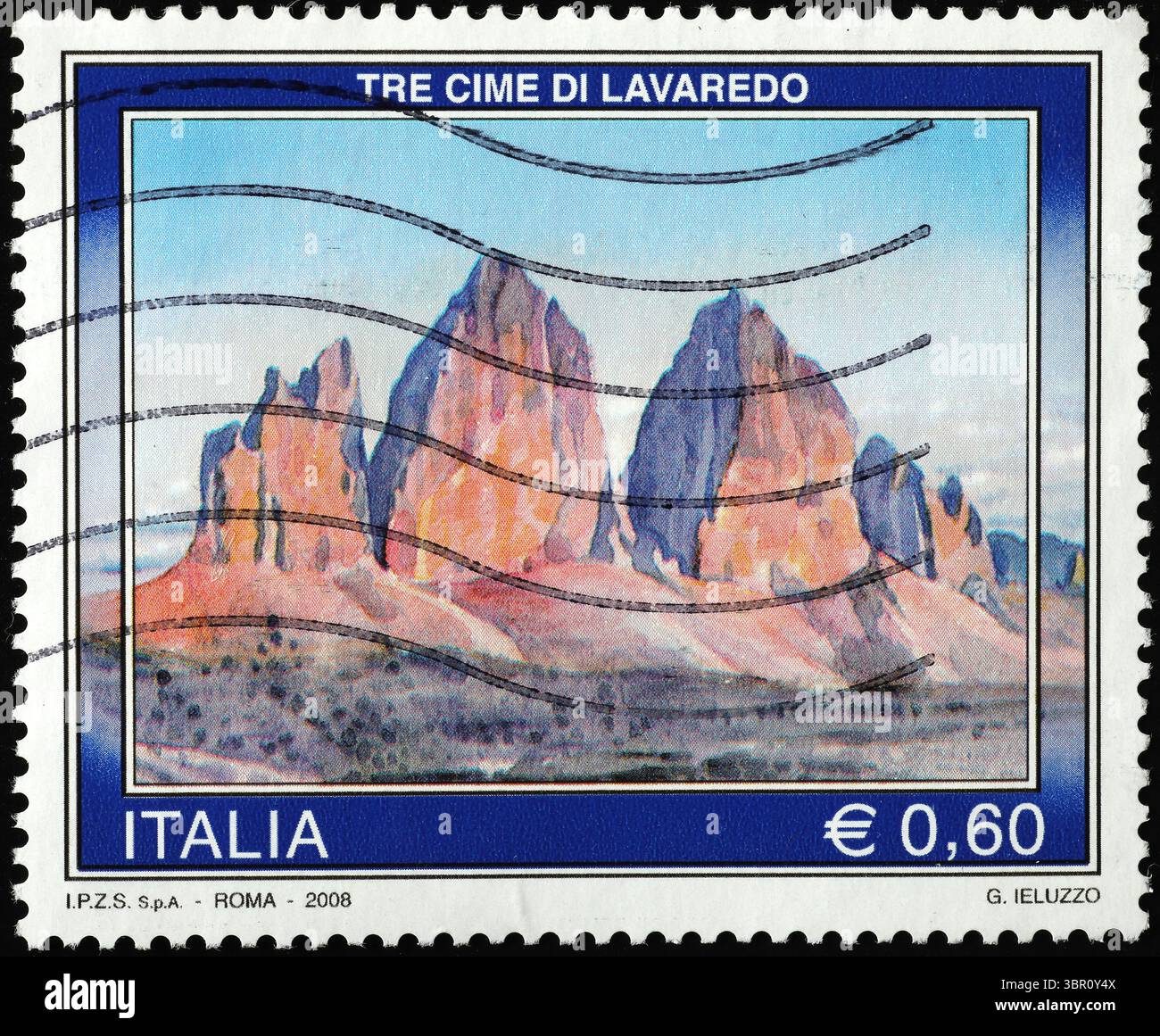 Tre Cime di Lavaredo in italian Dolomites on postage stamp Stock Photo ...