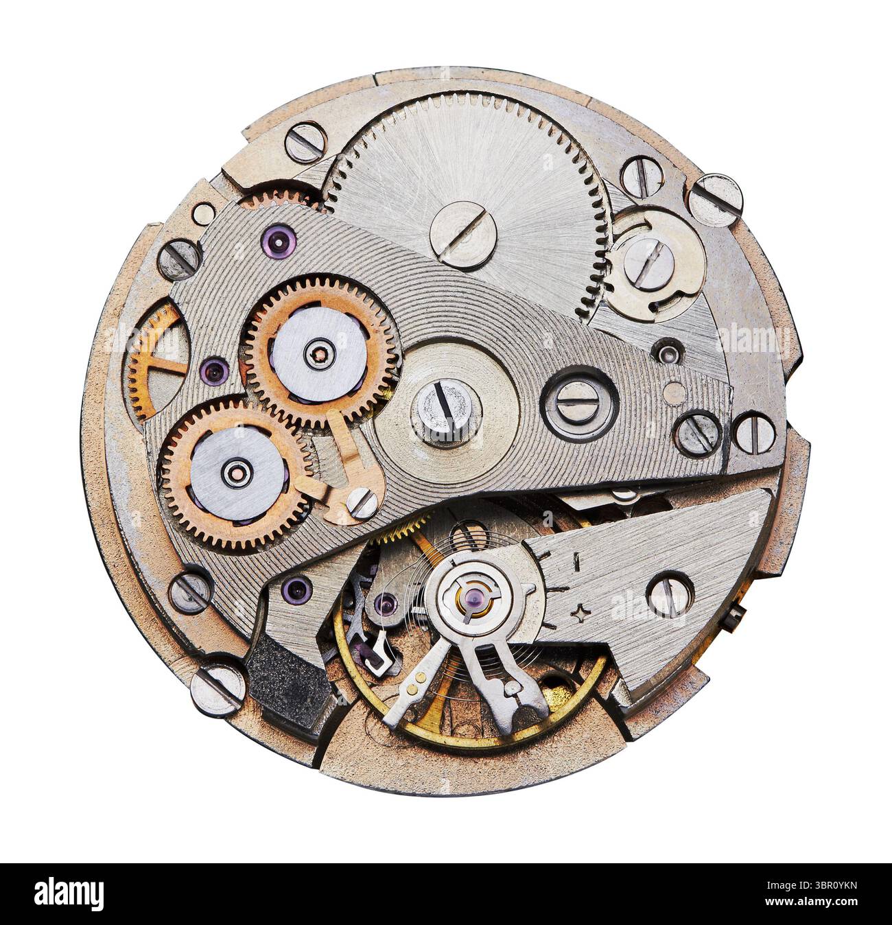 Clock mechanism with gears, close-up. Isolated on white Stock Photo - Alamy