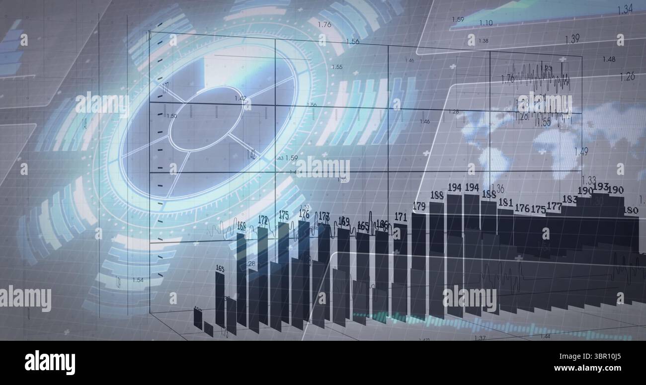 Showing Holographic Chart Floating Over Grid In Dashboard With Bar And Line Charts Map