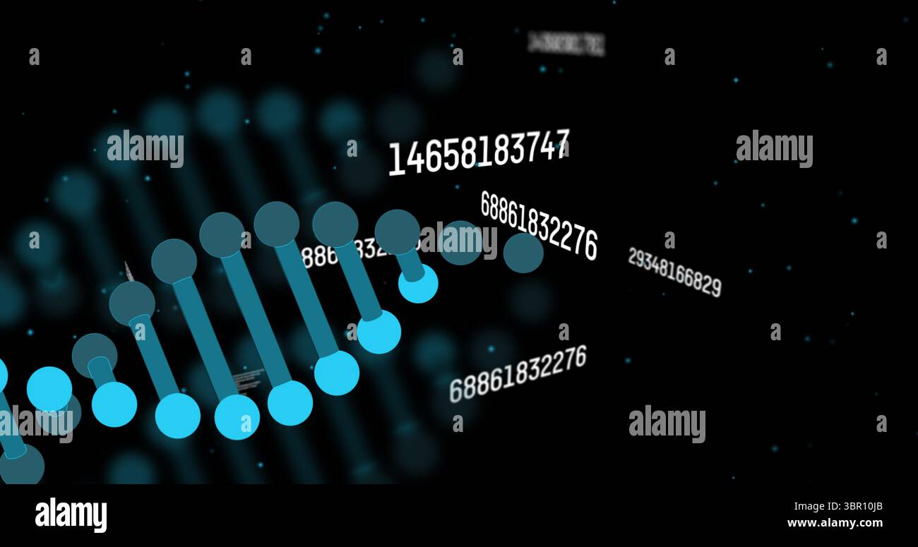 Displaying stylized DNA strand moving diagonally in data space, with floating numeric sequences ...