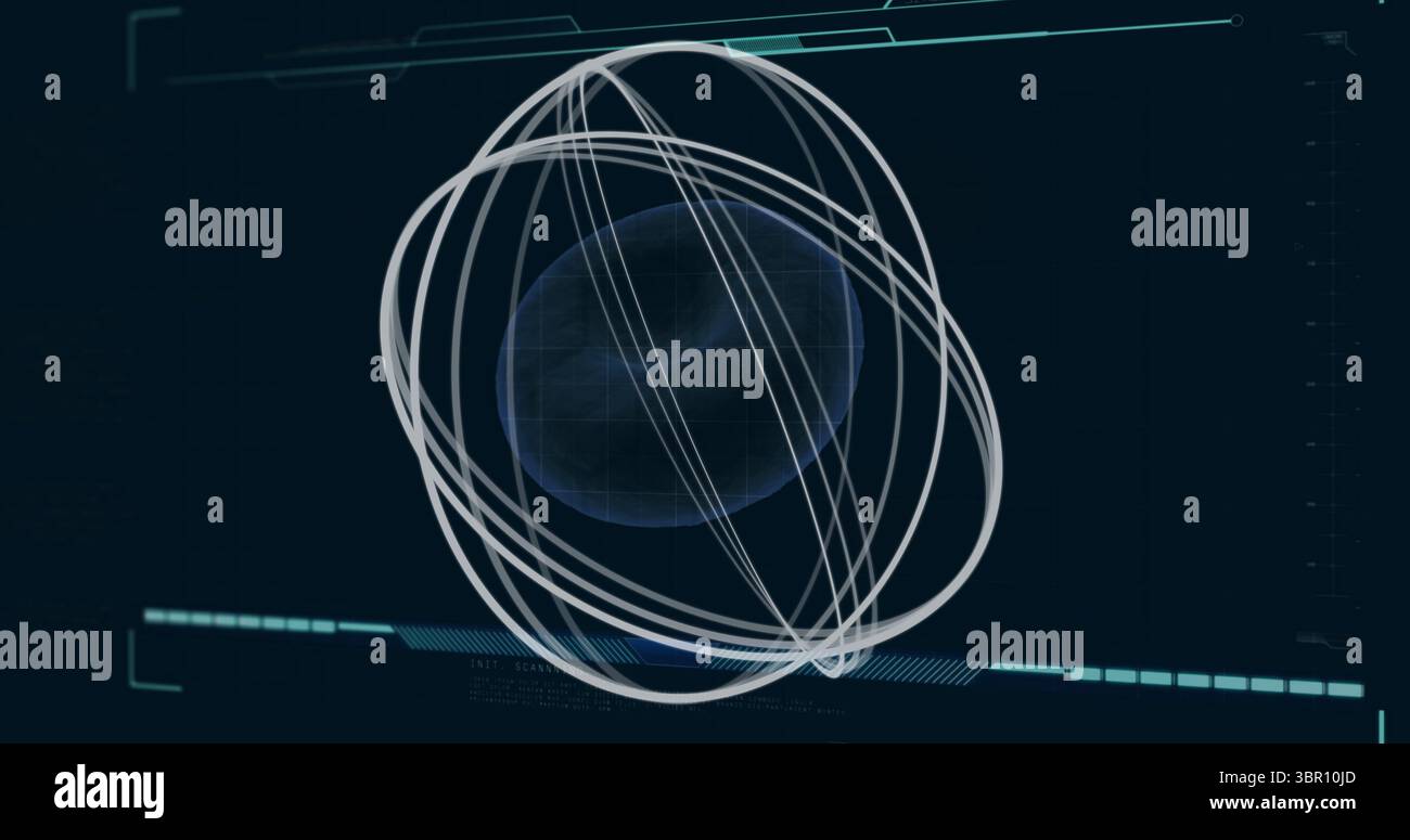 Translucent 3D mesh rotating on control panel, with white rings, grid ...