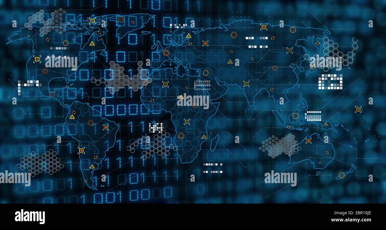 Overlaying world map on blue binary grid in interface, with hex ...