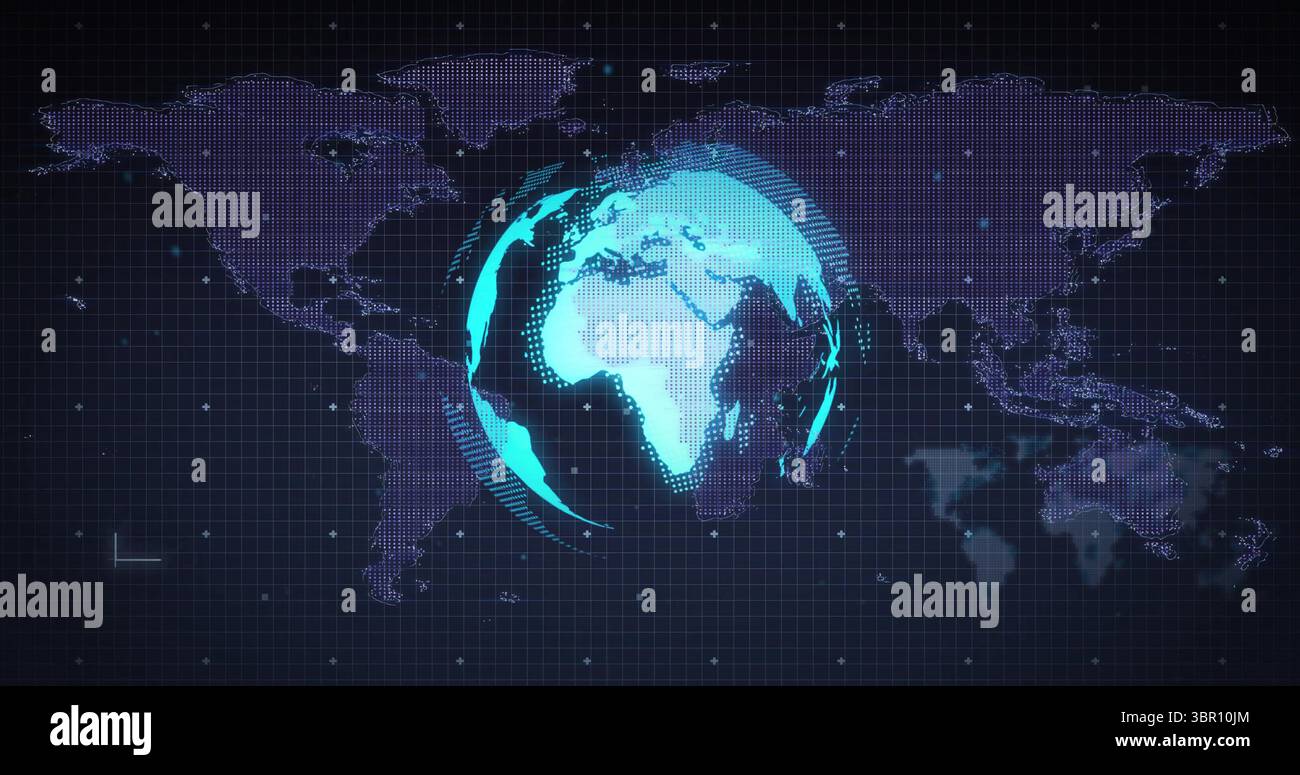 Rotating 3D cyan globe in console, with grid overlay, dotted world map ...