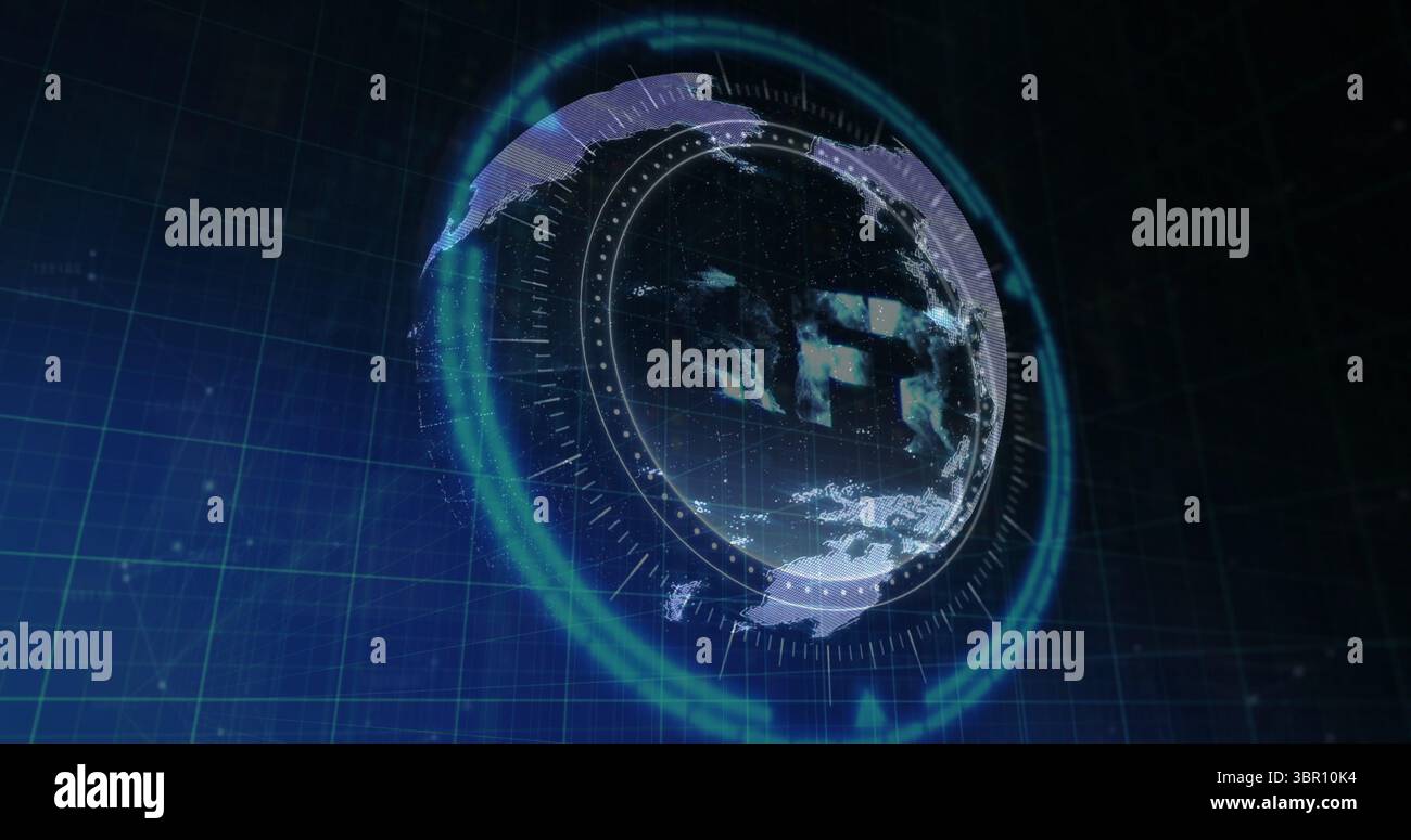 Holographic globe spinning in virtual interface, with neon rings, tick ...