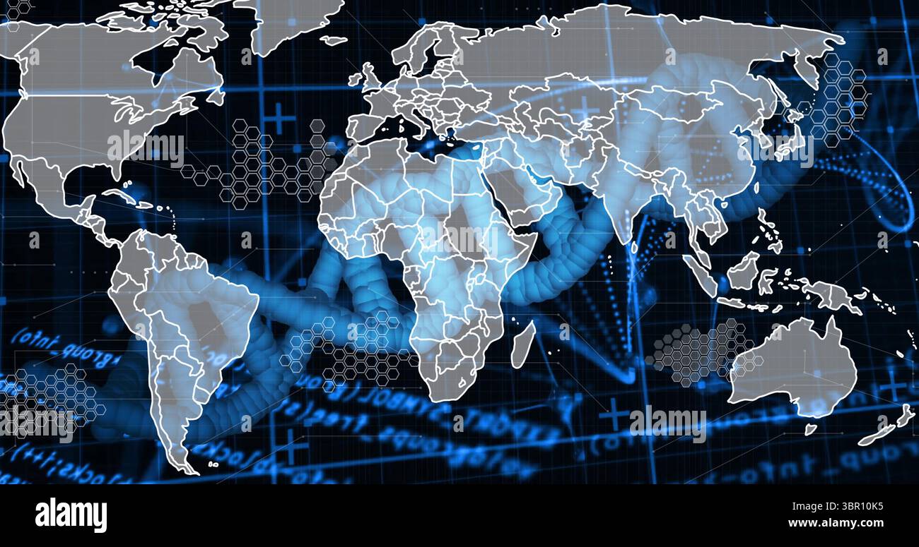 Displaying white-lined world map over glowing blue DNA helix in dark blue grid, hexagonal ...