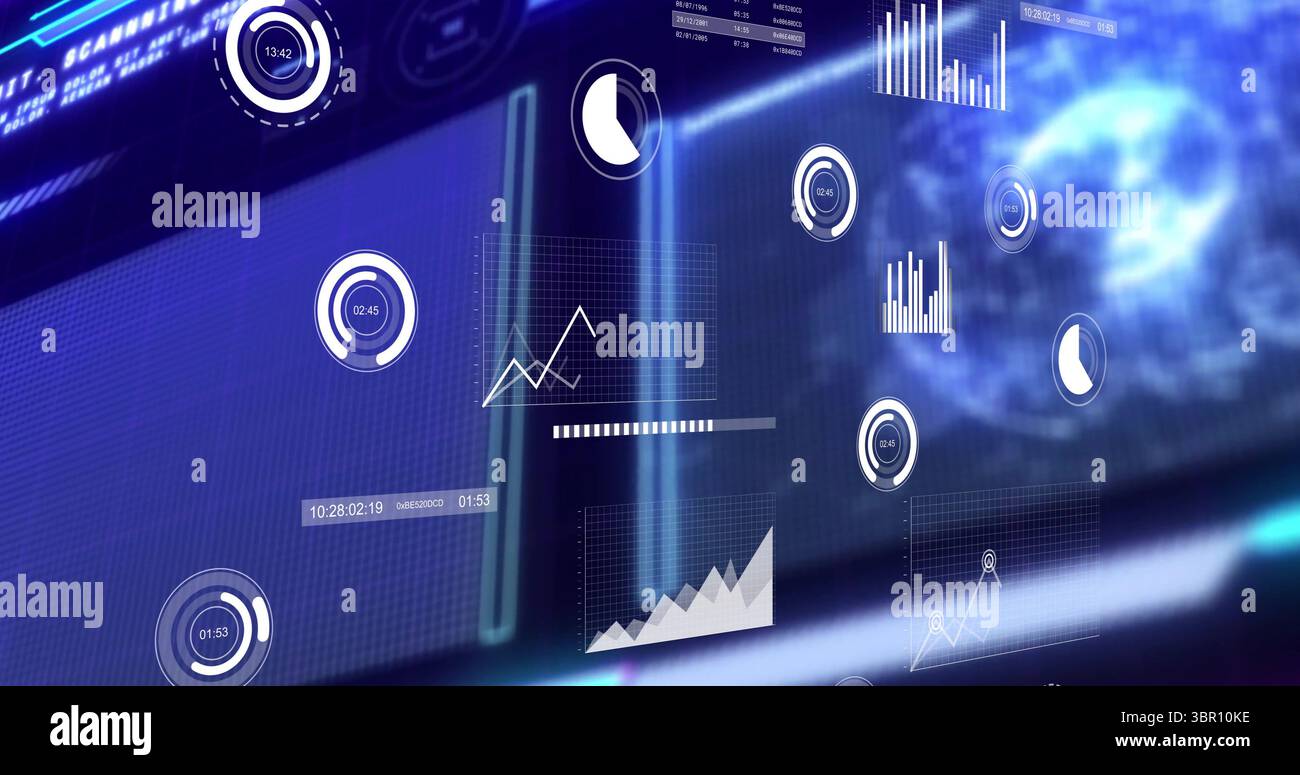 Showing interface on command center screen with floating charts, circular progress widgets ...