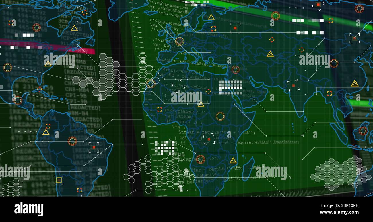 Green tech screen displaying world map on control panel, showing hex clusters and warning ...