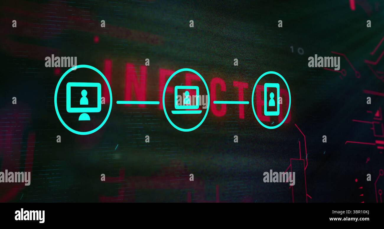 Displaying three cyan device icons linking on glitch backdrop, with red ...
