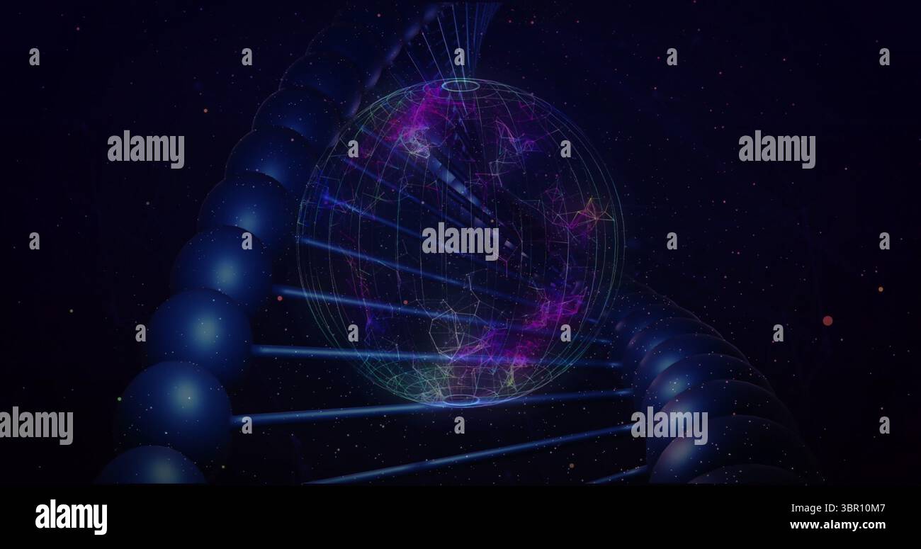 Floating digital globe with neon grid glowing among stars, with purple ...