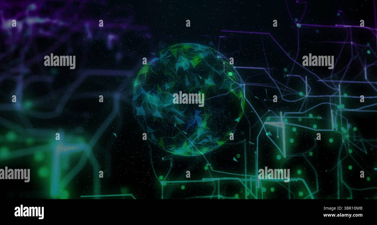 Floating polygonal digital sphere in data grid, glowing circuit lines, network nodes, particles ...