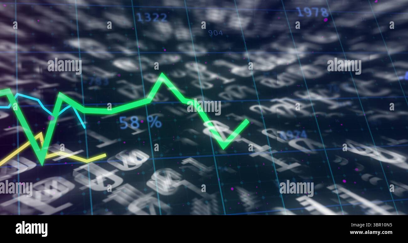 Charting green graph showing fluctuations on digital grid interface ...