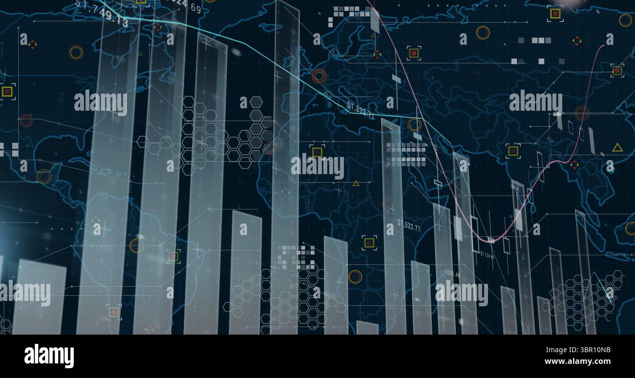 Displaying translucent vertical bars rising on virtual dashboard, with world map and hex grids ...