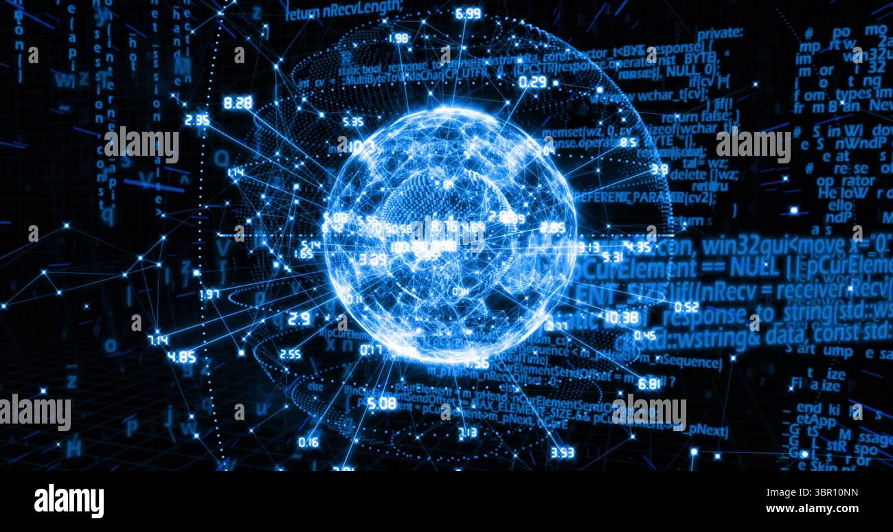 Floating digital sphere emitting light beams in virtual network space, with floating code and ...