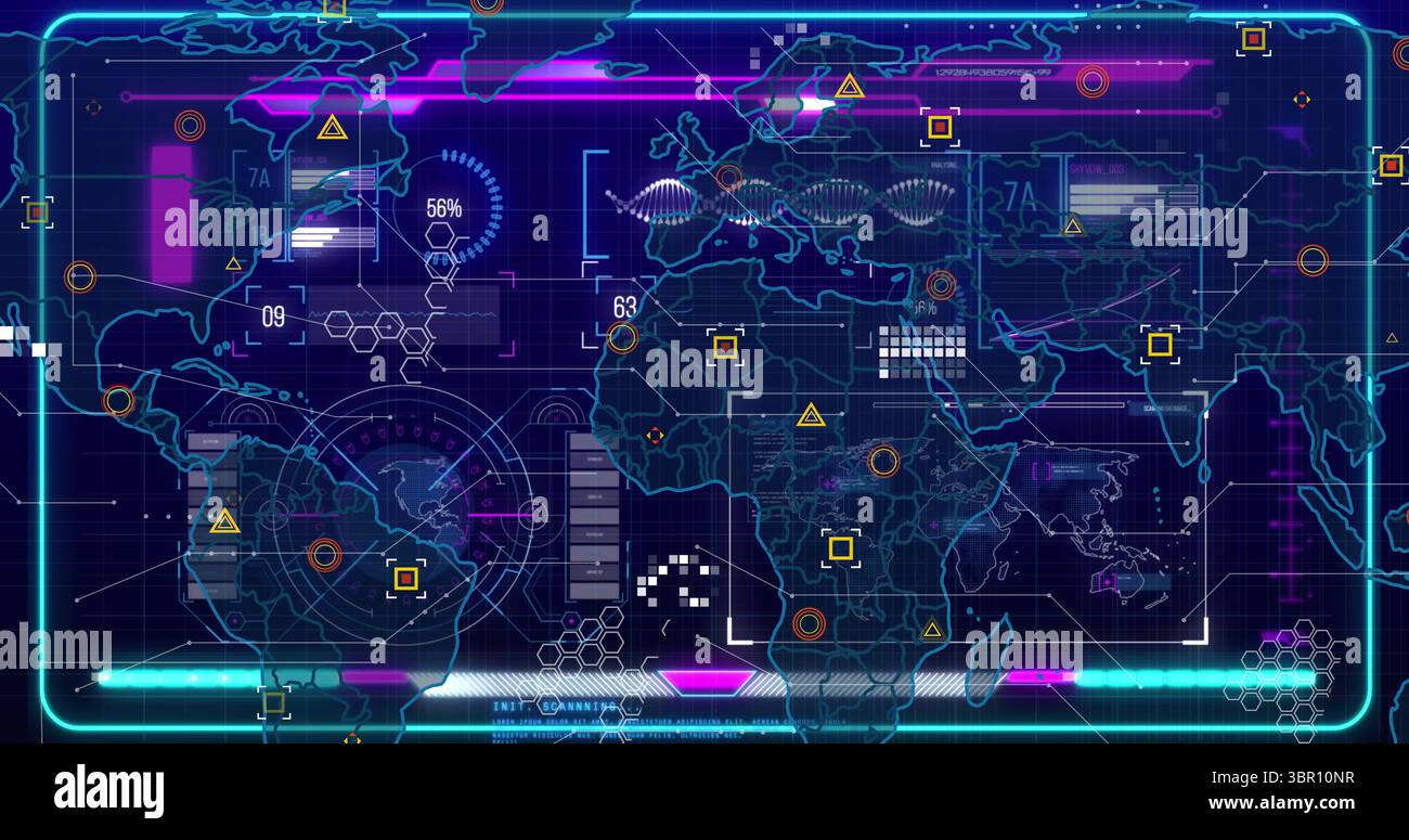 Stylized holographic world map display pulsing on digital HUD, with ...