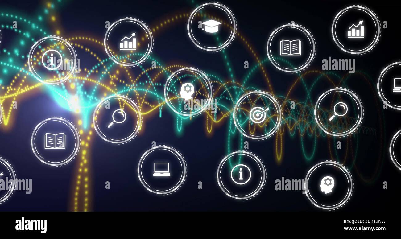 Displaying dashboard overlaying waveform lines in interface, with circular info and chart icons ...