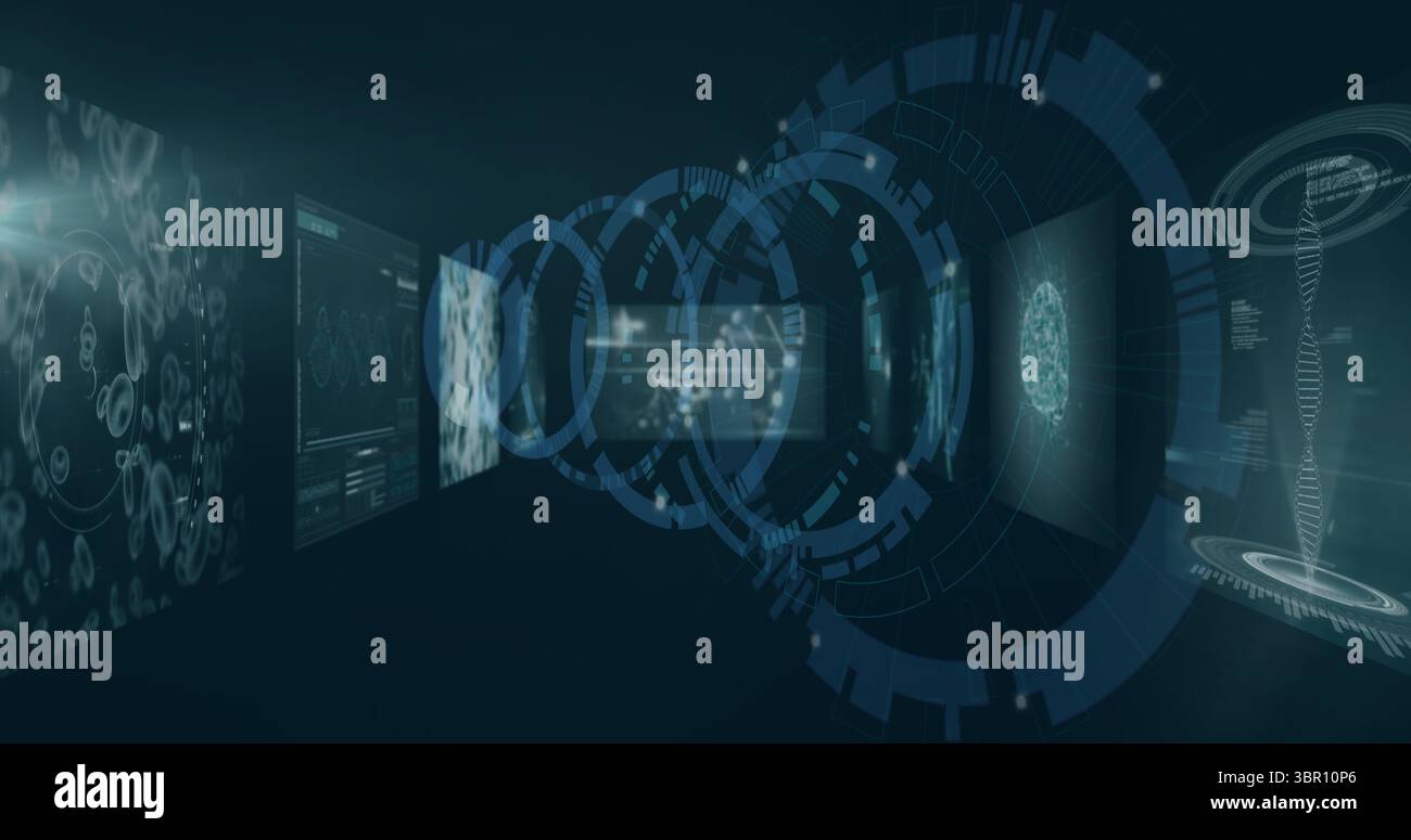 Displaying central holographic interface floating through corridor, with data panels and DNA ...