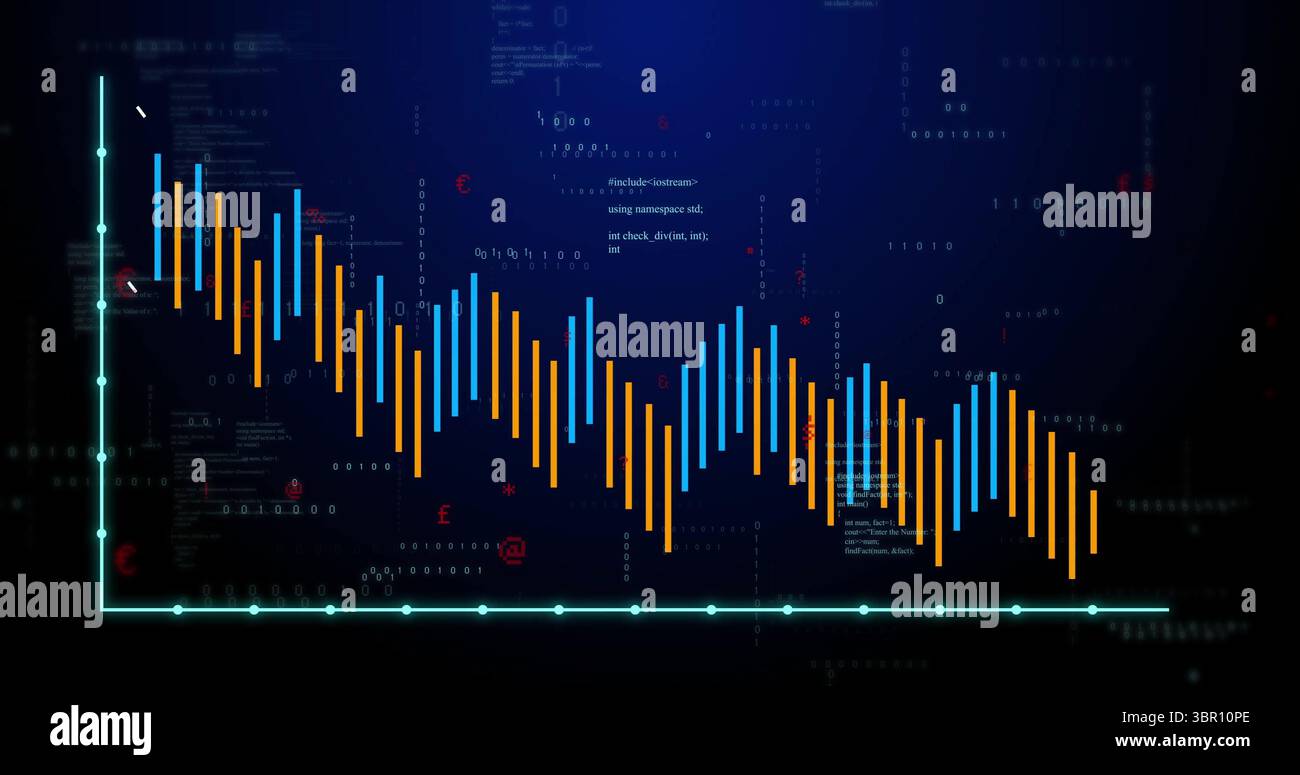 Displaying downward-trending orange and light blue bars on cyber UI ...