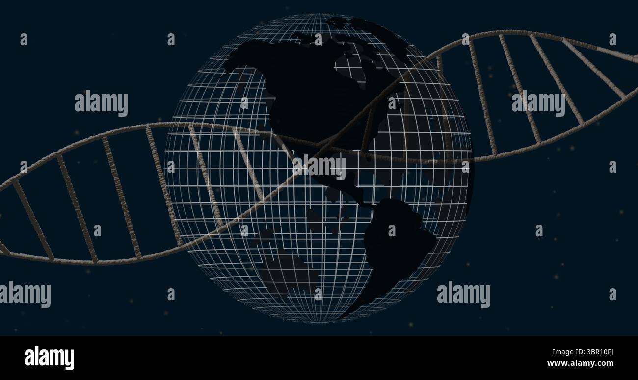 Rotating wireframe globe wrapping around twisting DNA double helix in ...