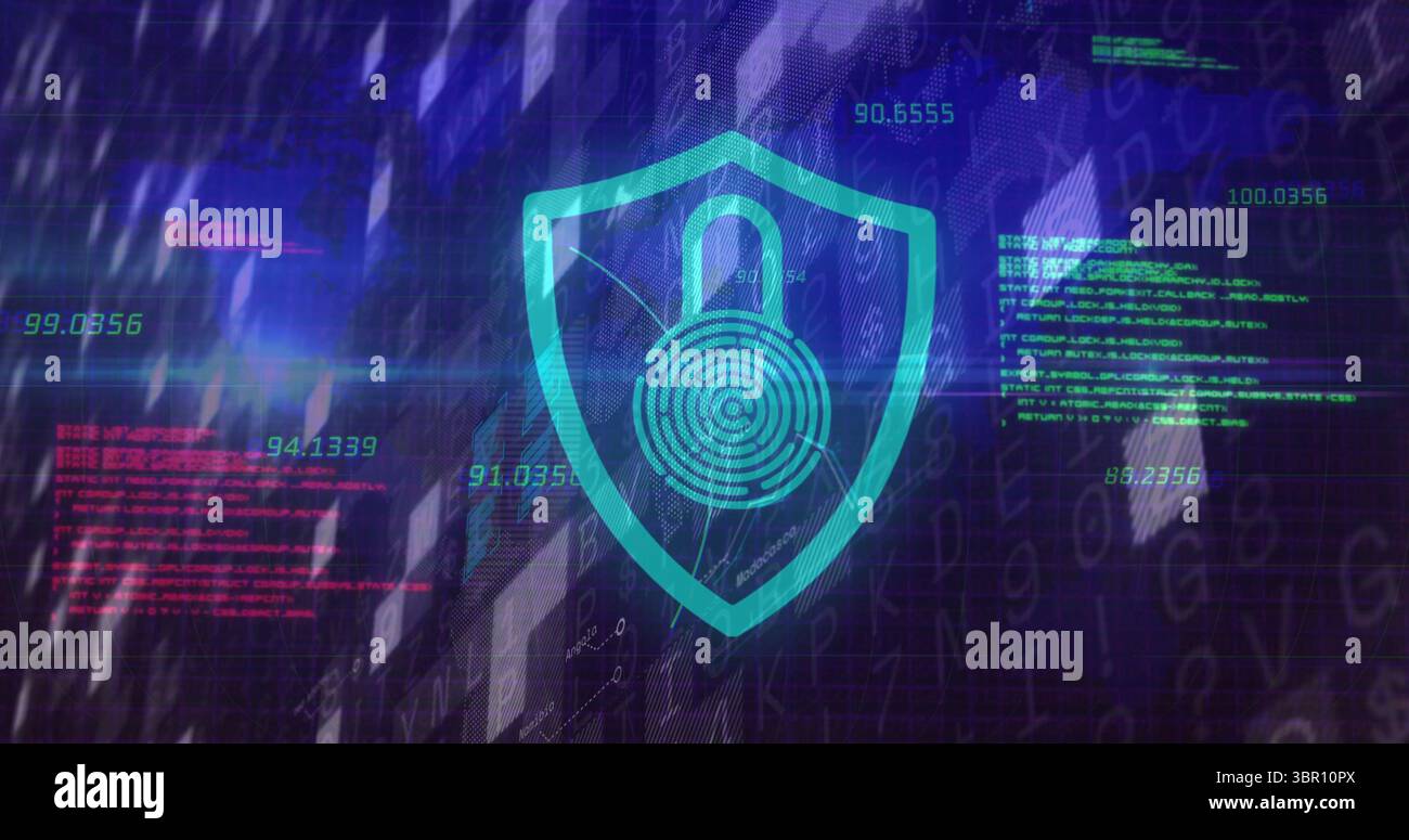 Showing teal shield icon fingerprint lock sitting on UI with floating numbers green red code ...
