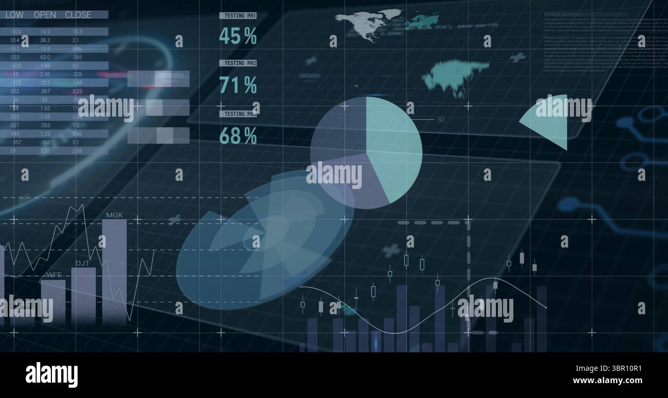 Displaying high-tech data dashboard in virtual analytics interface, with metrics table and ...