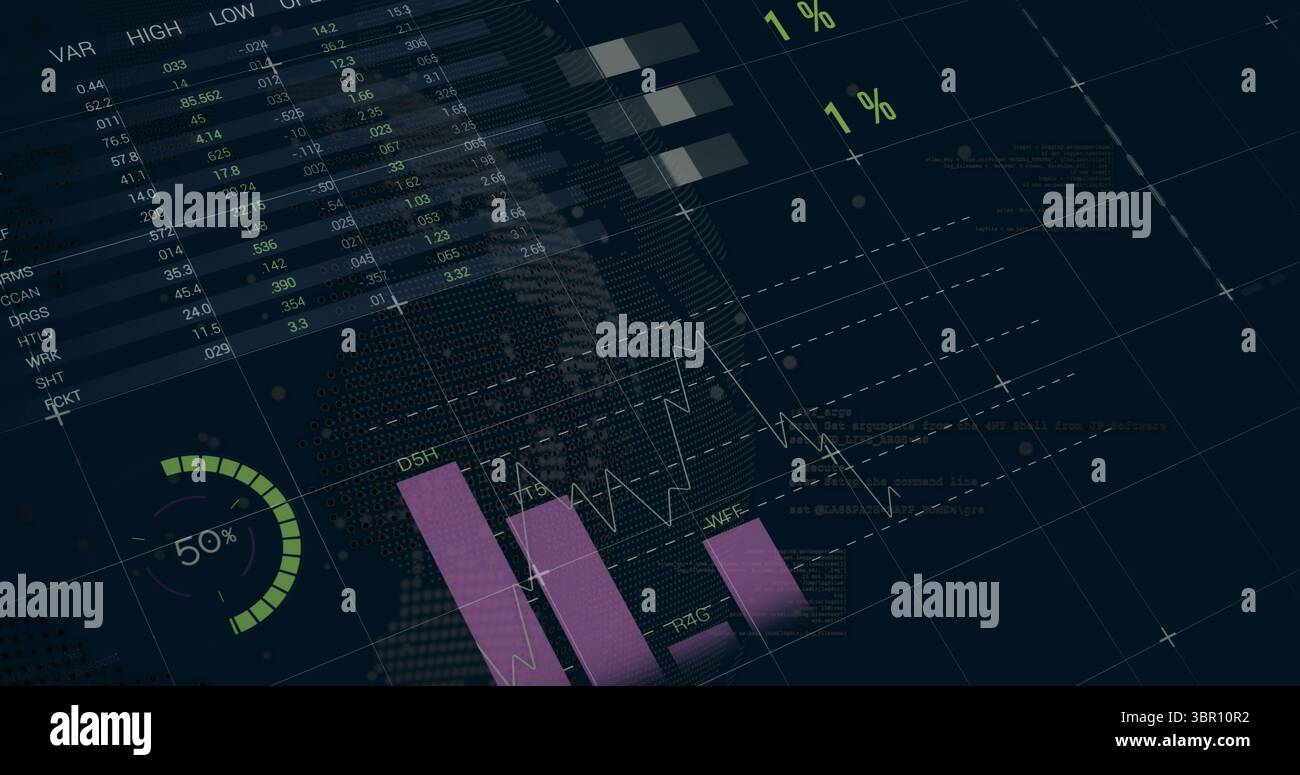 Displaying dark interface showing data on virtual dashboard, with numeric table and progress ...