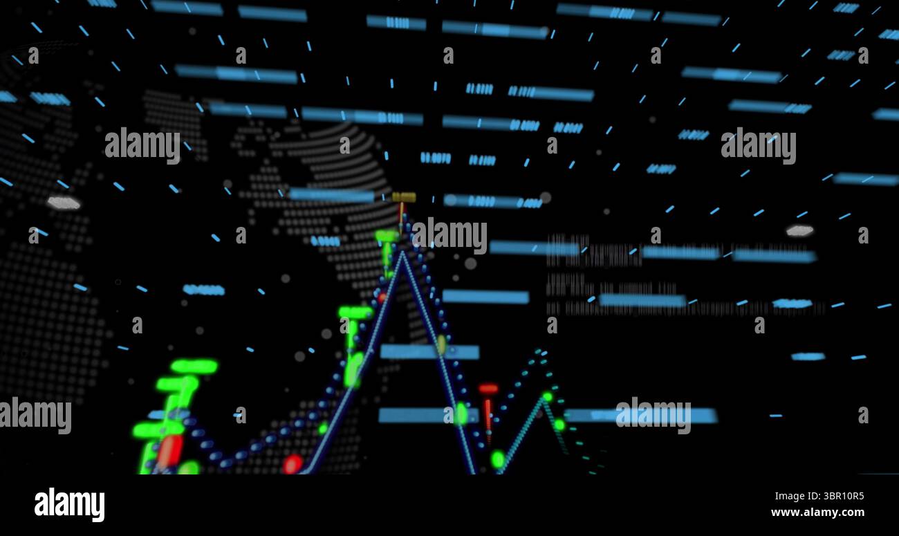 Neon blue line graph rising on world map display, with green or red bar ...