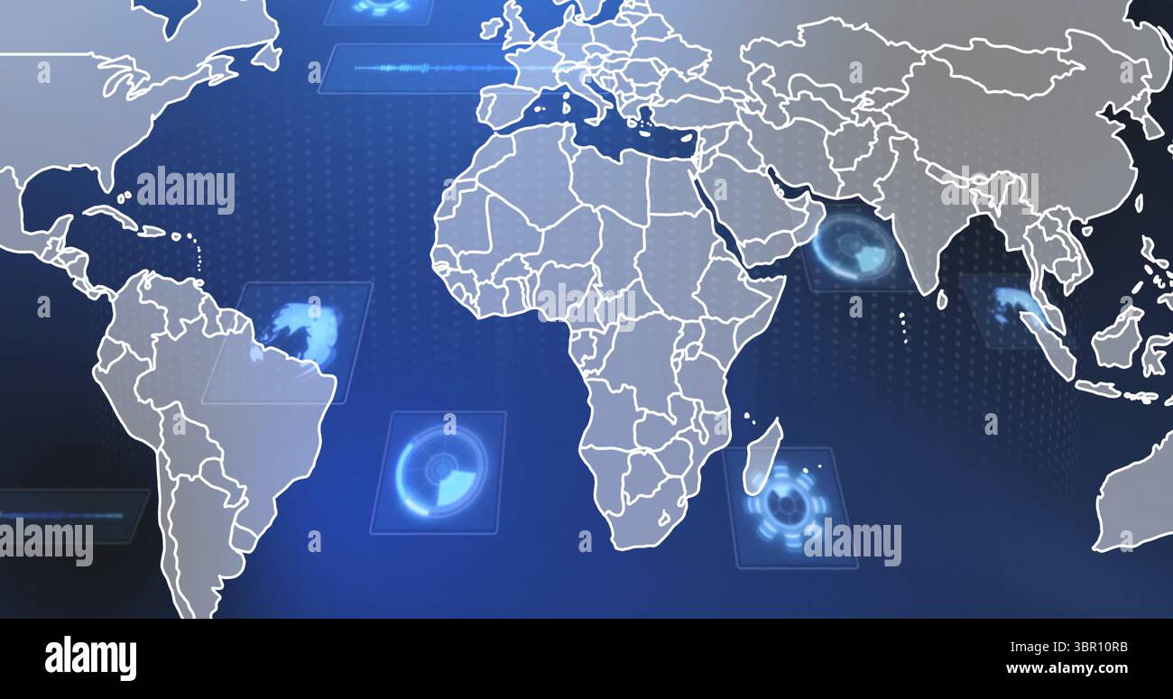Displaying white-outlined world map with holographic panels, grid ...