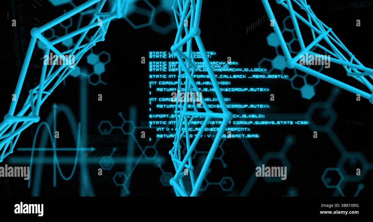Displaying blue lattice network forming 3D shapes on dark digital ...