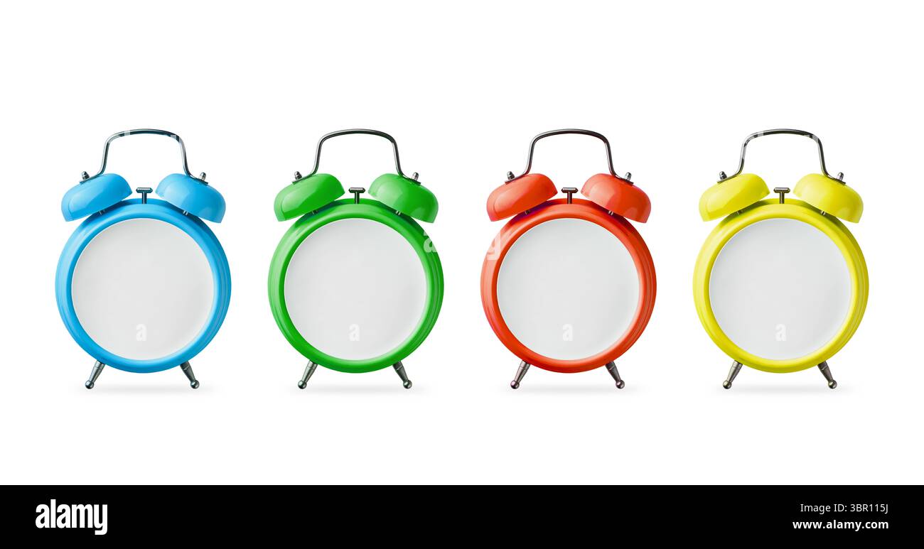 Set of alarm clocks red, blue, green, yellow color without hands and ...