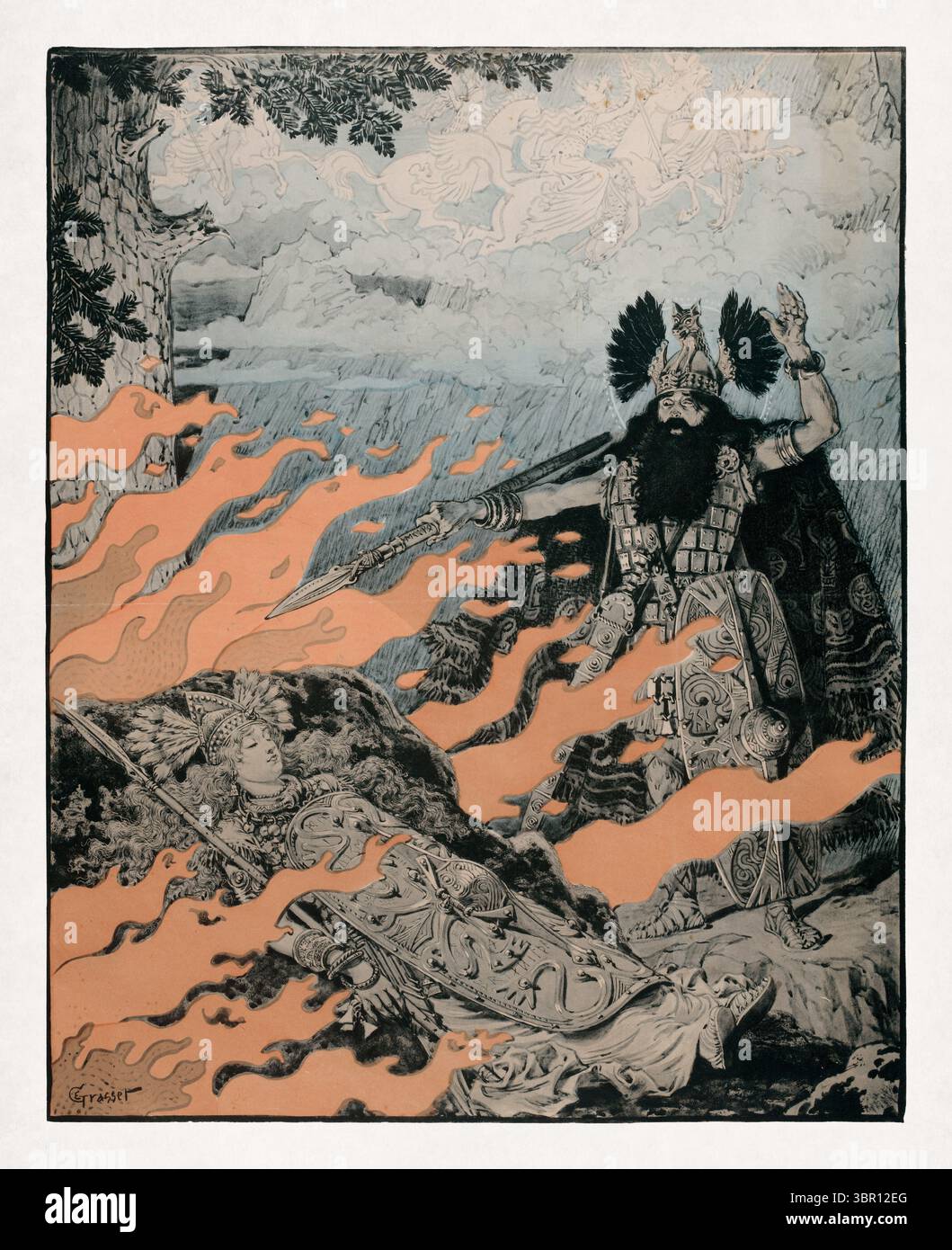 Color lithograph by Eugène Grasset depicting Wotan mourning Brünnhilde ...