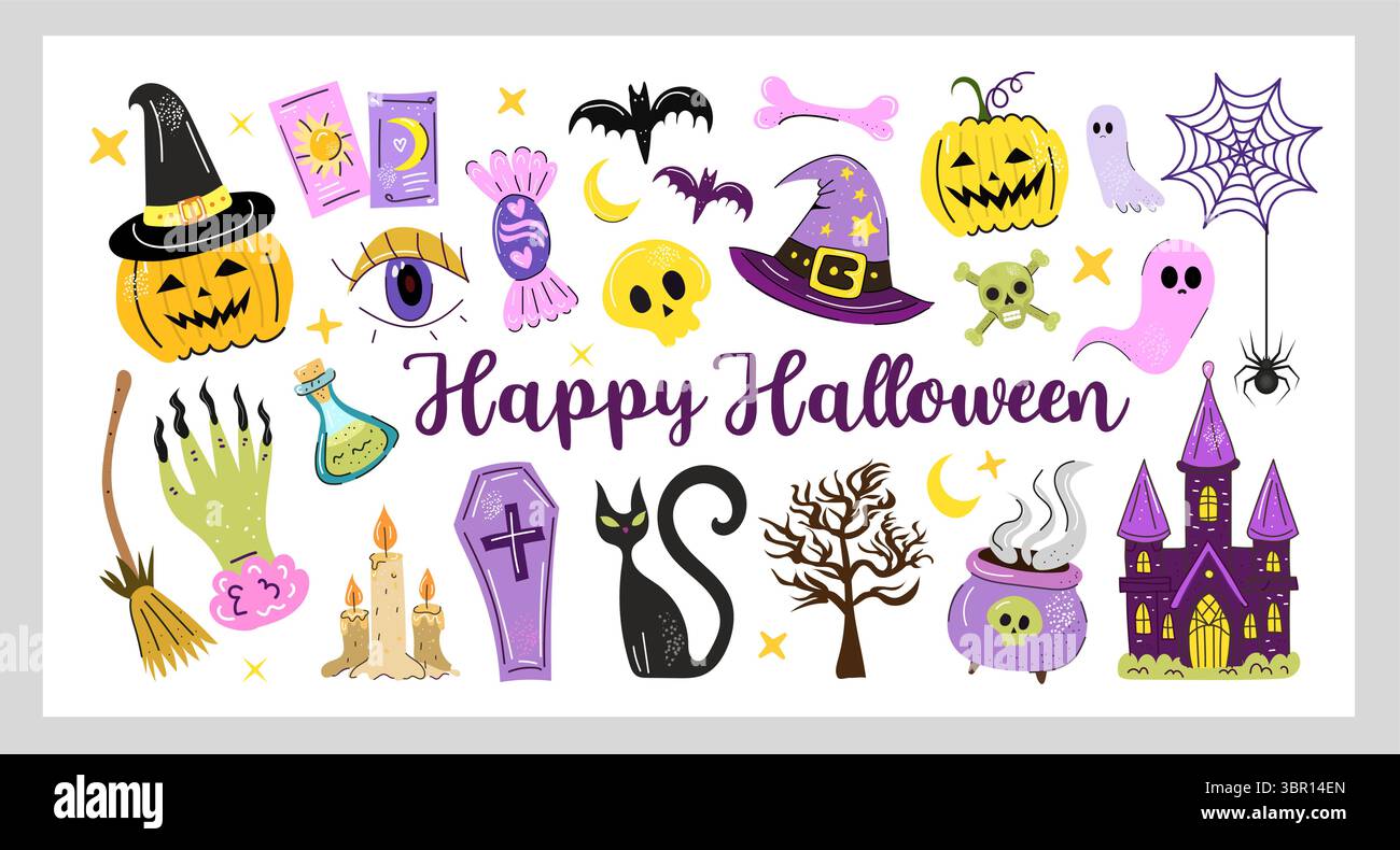 Happy Halloween collection cute spooky with pumpkins ghosts candy bats ...