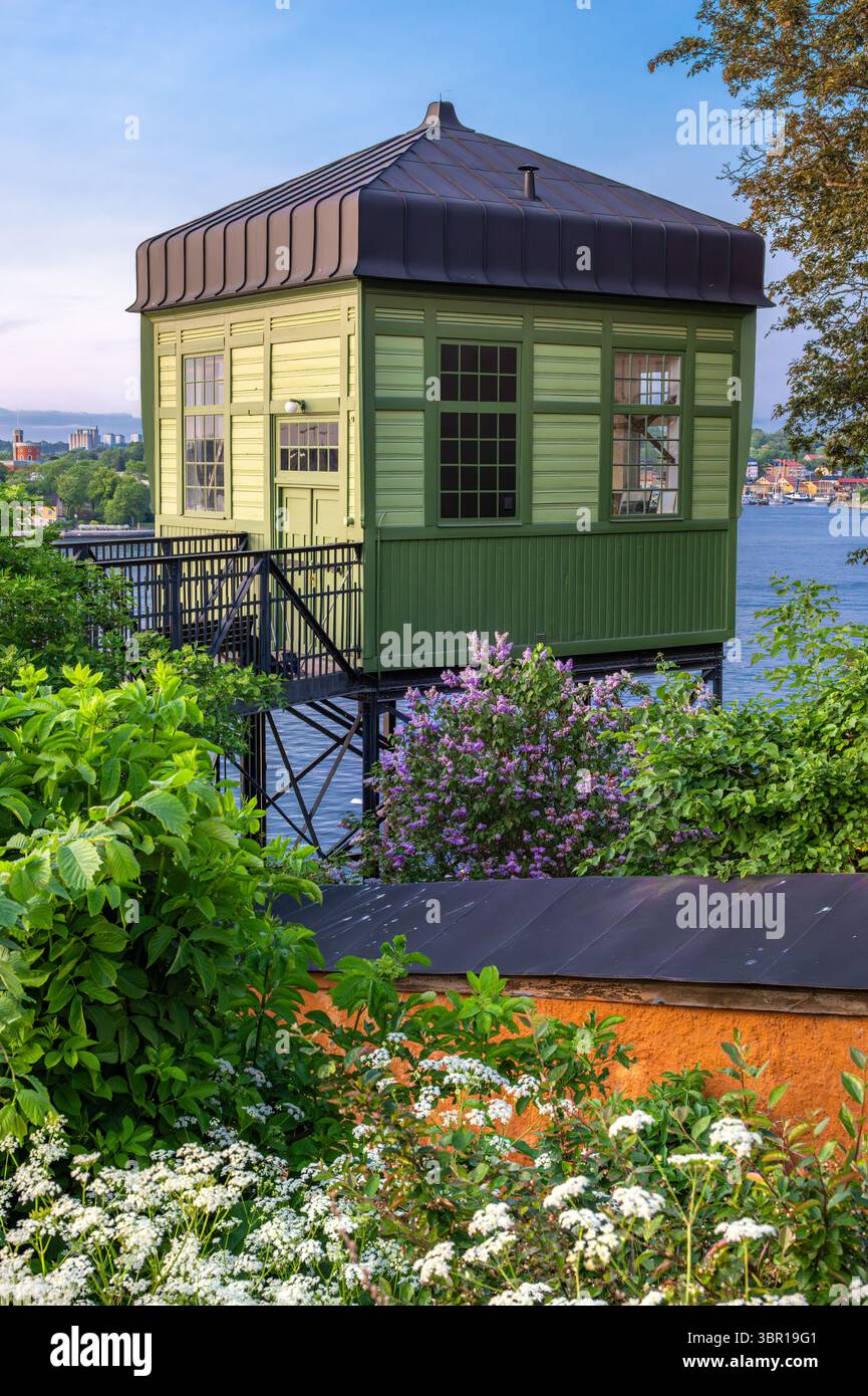 Stockholm, Sweden - June 5, 2025: Green cabin of historical public lift ...