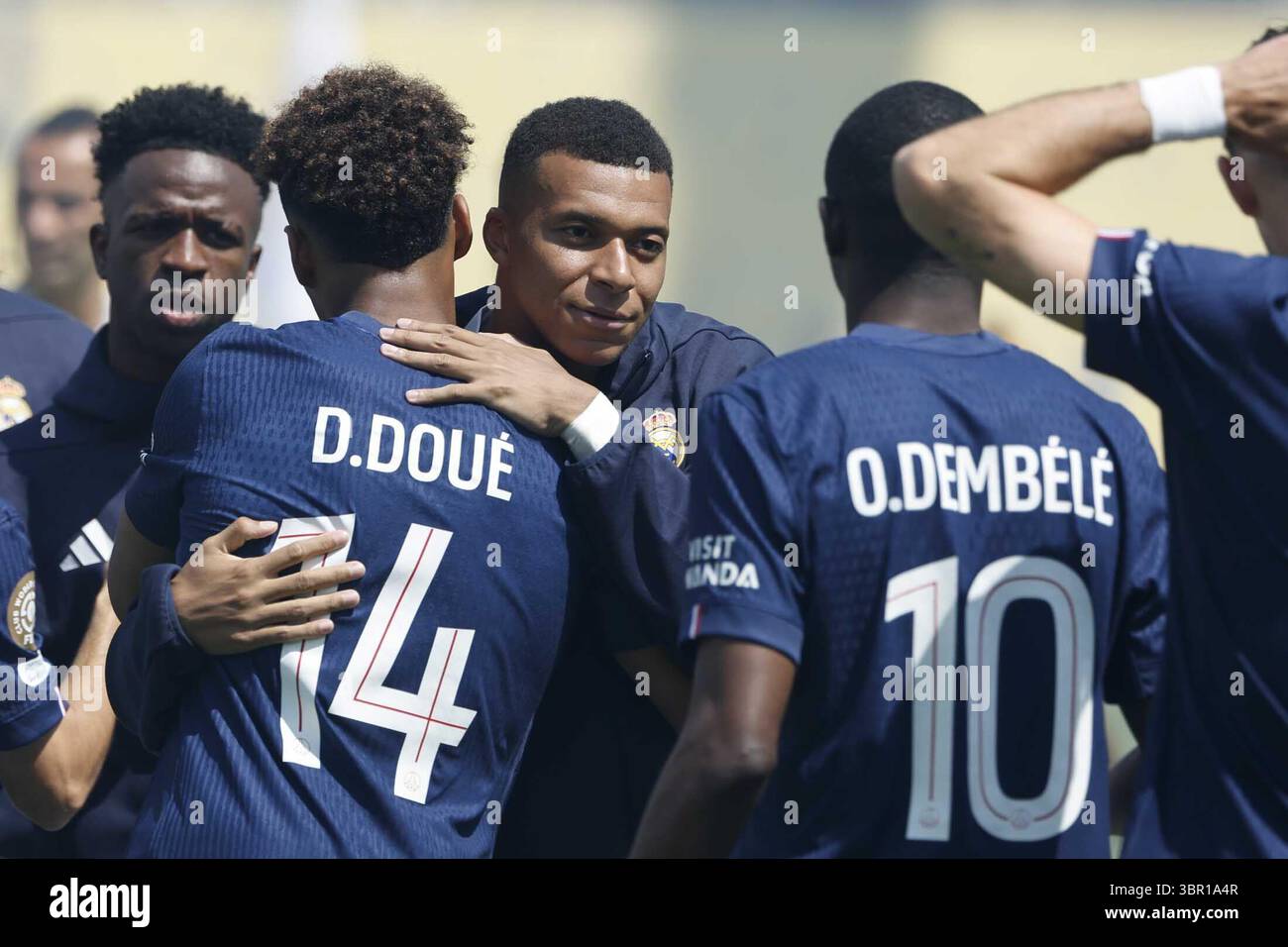 Kylian Mbappe of Real Madrid salutes his former teammates of PSG before ...