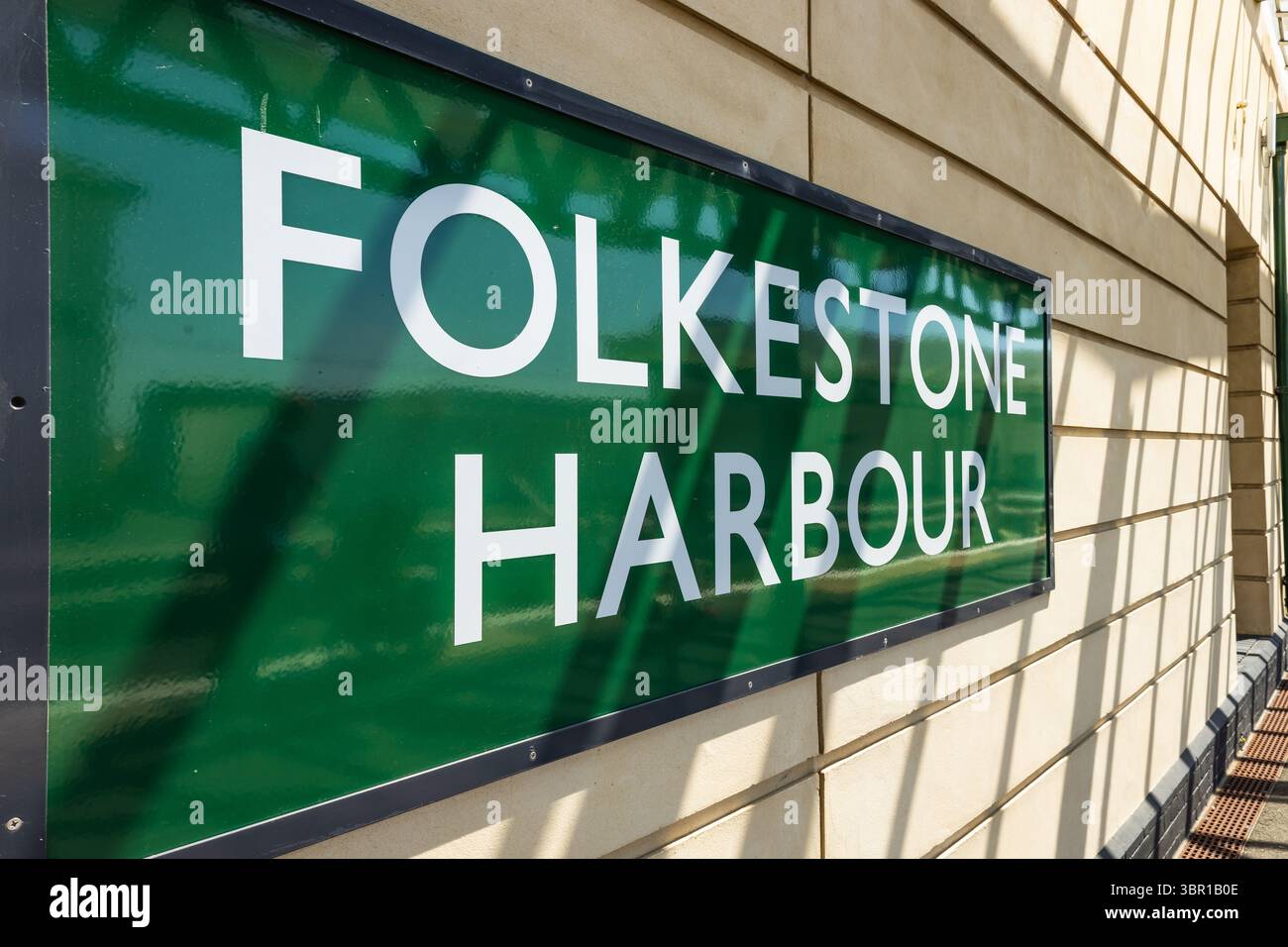 Close up of vintage green enamel Folkestone Harbour railway station ...
