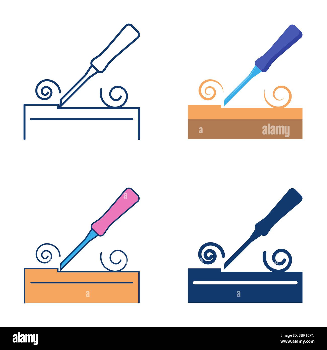 Wood chisel flat and line icon set. Scraper craft tool, carpentry ...