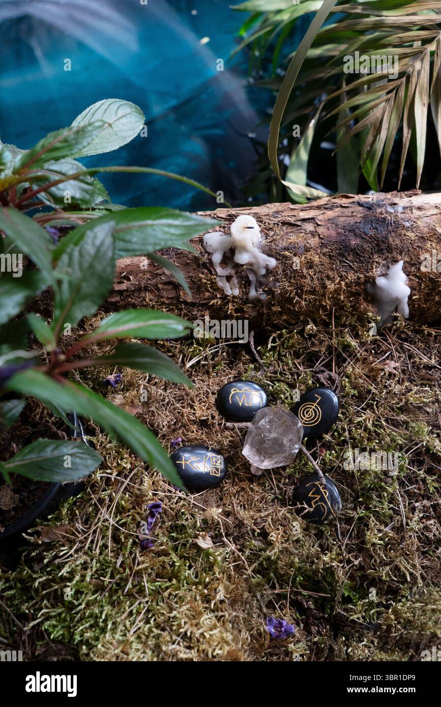 Gemstones minerals stones in the shape of obelisks with Reiki rune ...