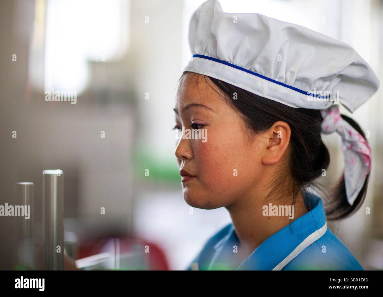 North Korean worker woman in kangso yaksu mineral water factory, South ...