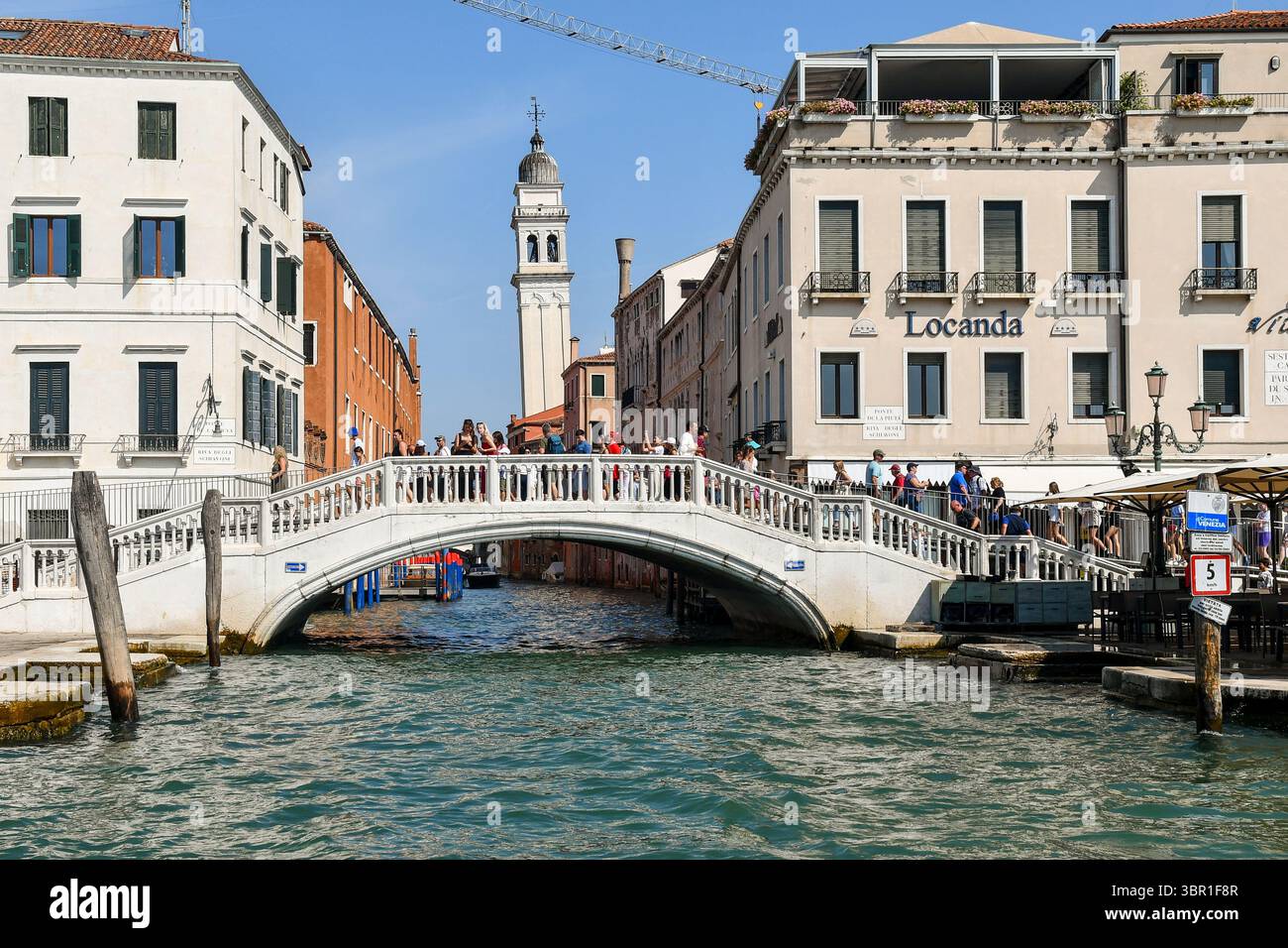 Ponte de la Pietà arch bridge on Rio dei Greci canal, with the leaning ...