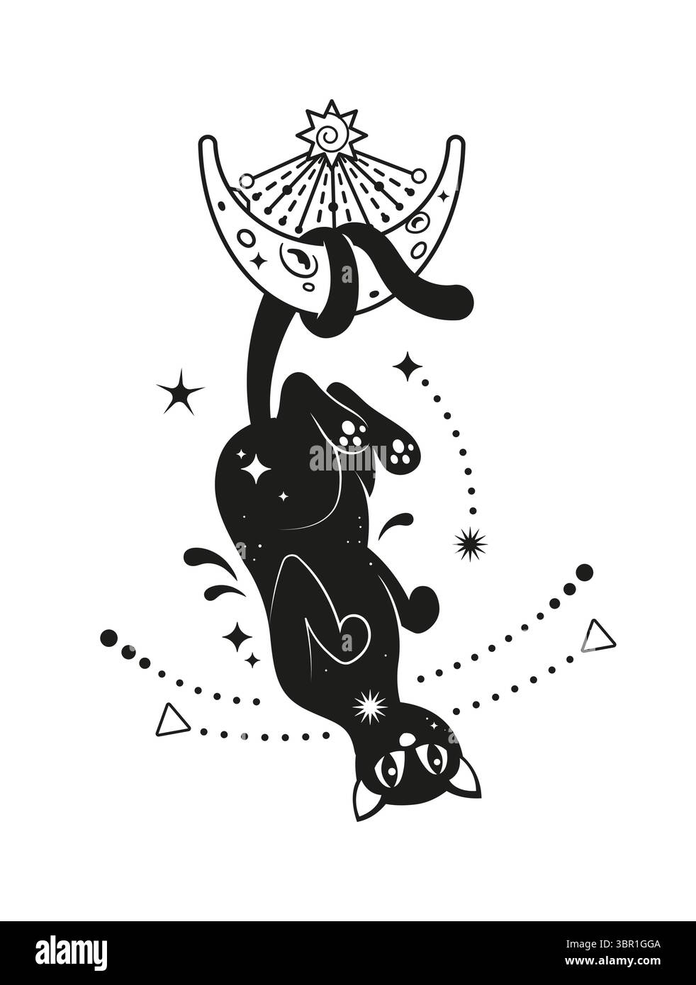 Black magic cat floating upside down with moon, sun, stars, cosmic dots ...