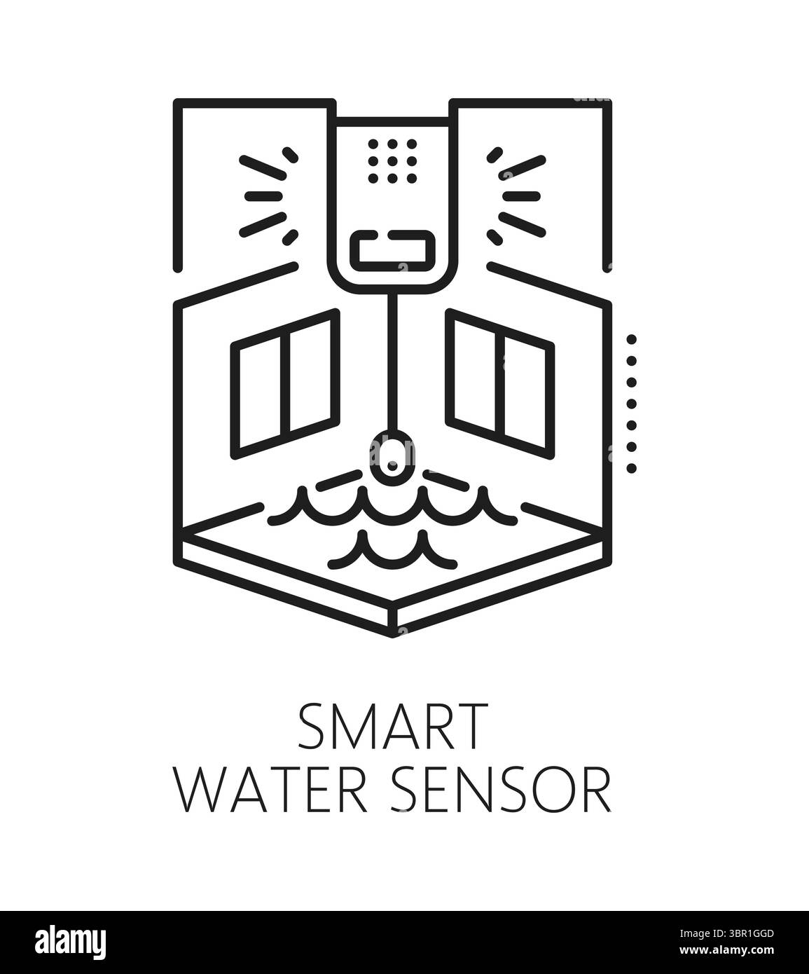 Water sensor home security device line icon or sign. Building flood ...