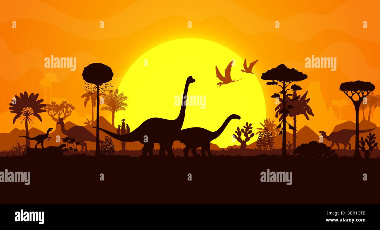 Prehistoric dinosaur silhouettes on sunset landscape. Jurassic era ...