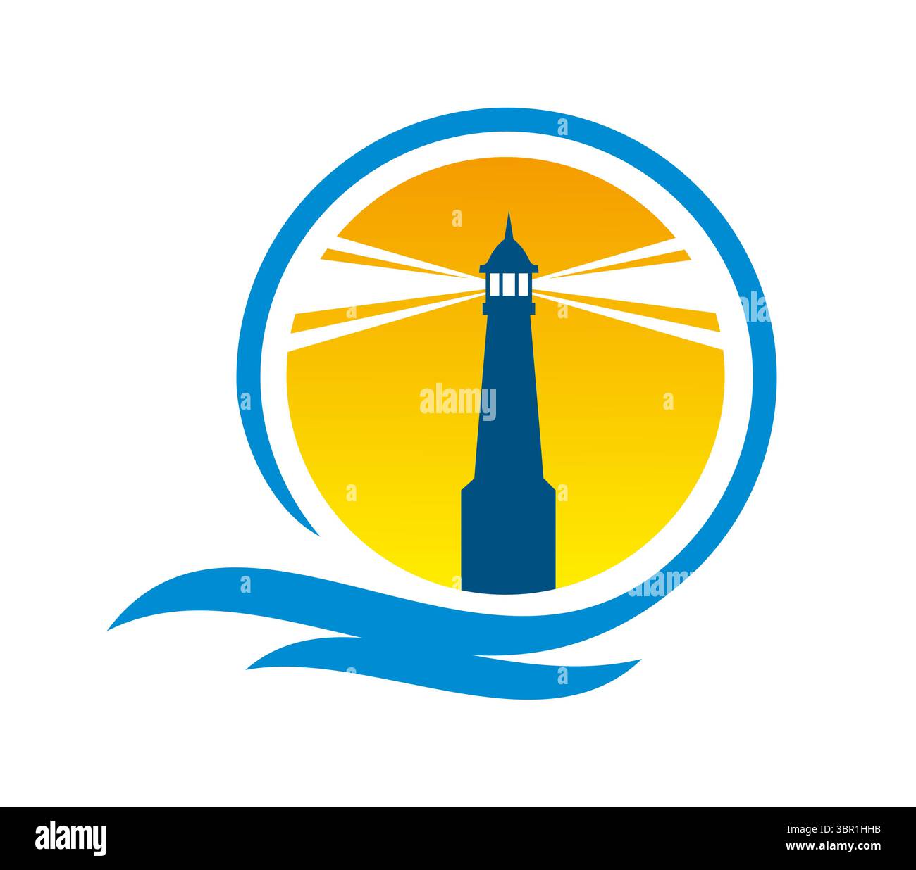 Lighthouse and beacon icon. Vector round emblem of seafarer with beam ...