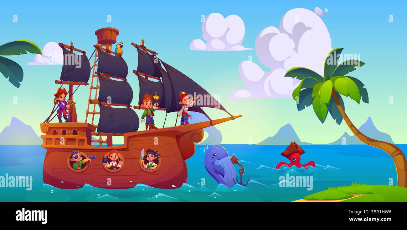Cartoon sail pirate ship with kid pirates and corsairs. Vector fun ...