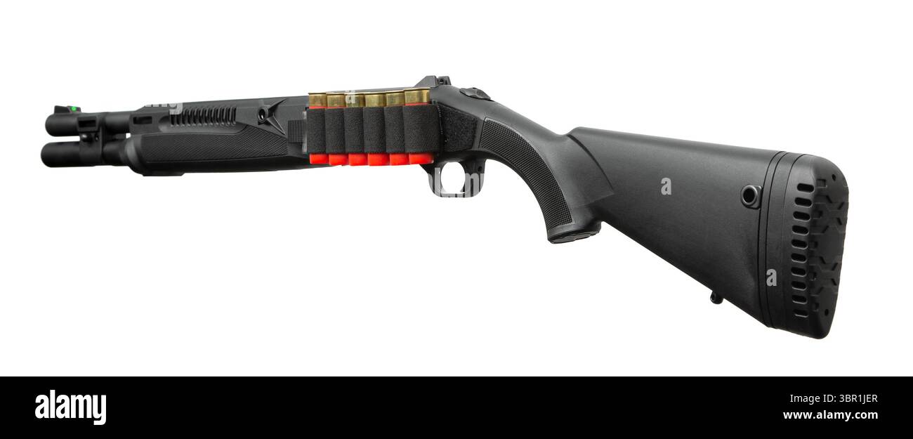 Tactical pump-action shotgun with shell holder loaded with red shotgun ...