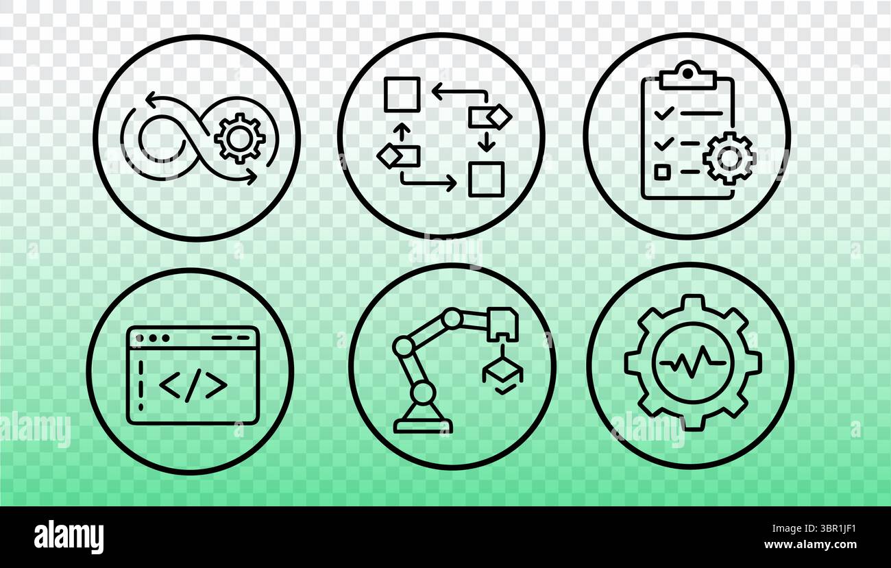 DevOps workflow icons set. Development operations process automation cycle. Technology software ...