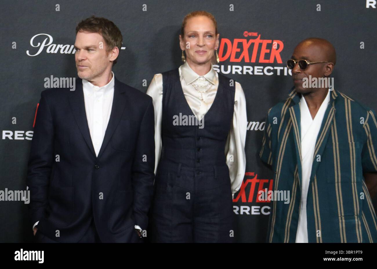 New York, NY July 09, 2025: Michael C. Hall, Uma Thurman, and Ntare ...