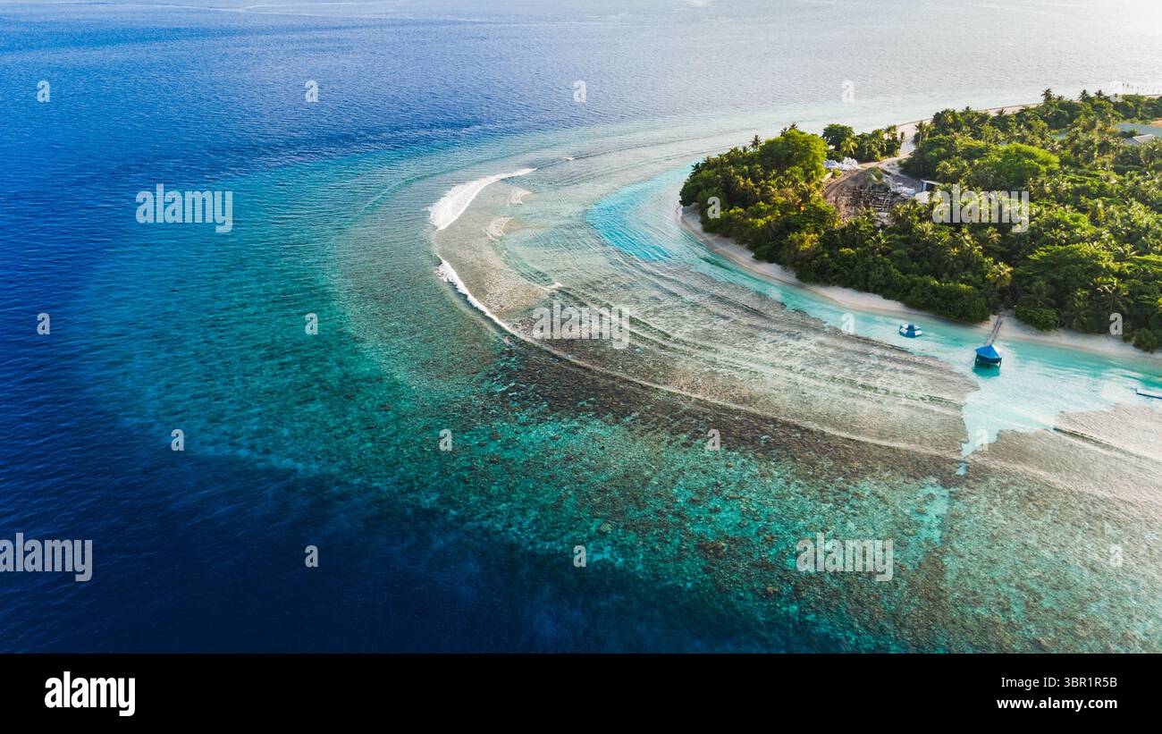 Aerial view of turquoise waters meeting the sandy shores of a lush ...