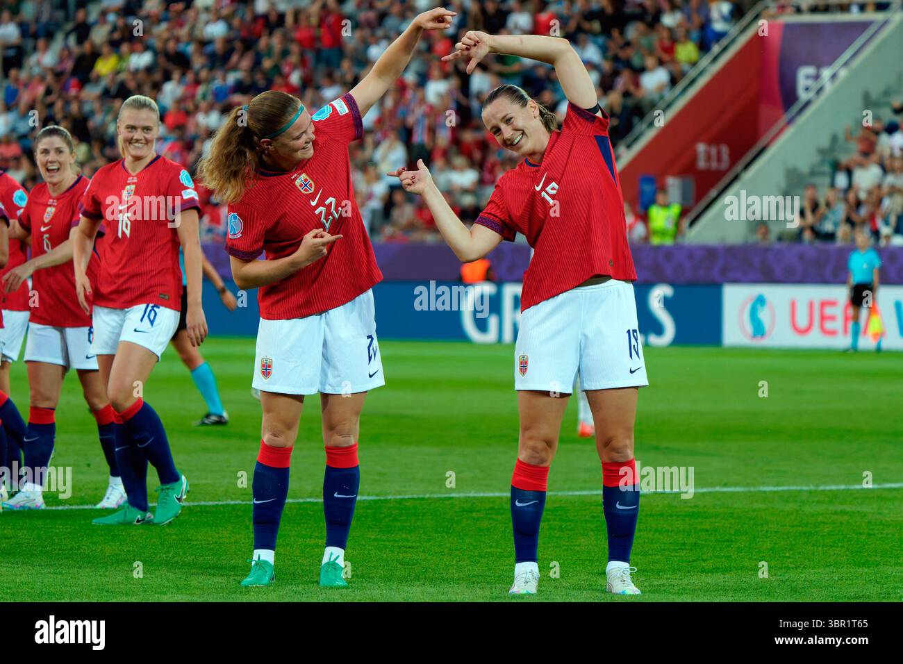 Signe Gaupset of Norway celebrates after scoring a goal with Elisabeth ...
