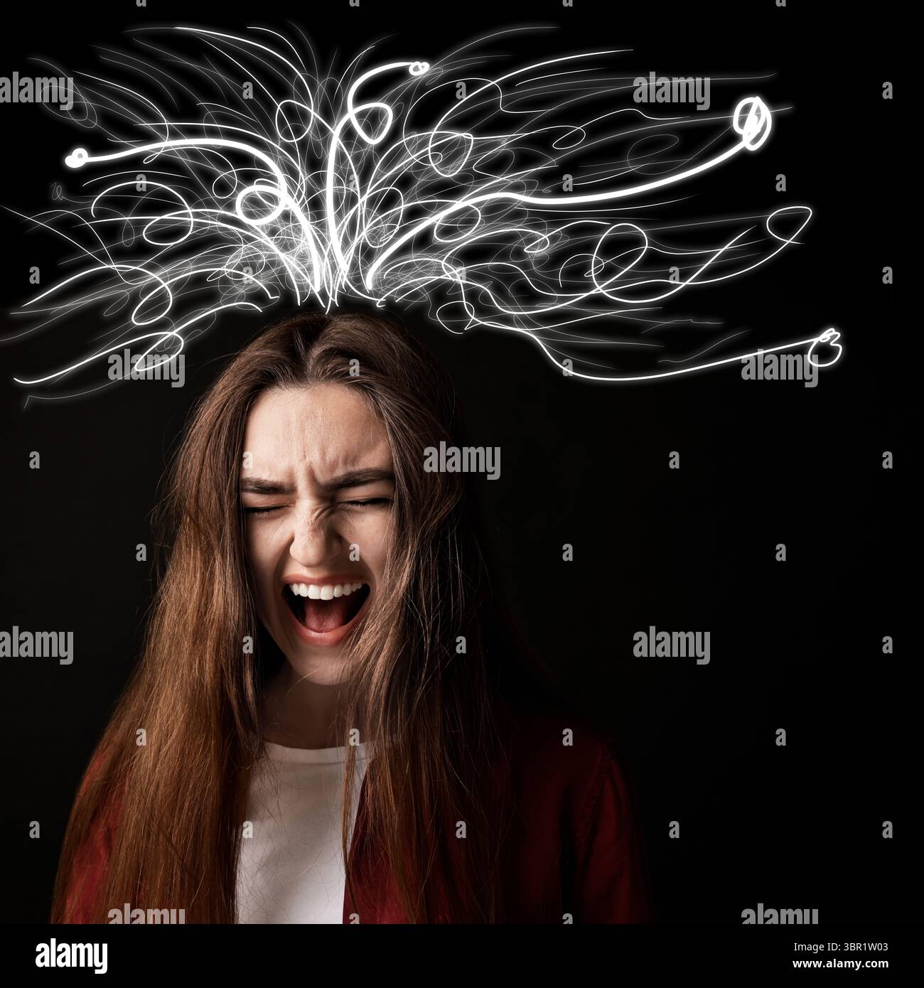 Woman screaming on black background. Confused thoughts as doodles ...